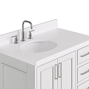 ARIEL Stafford 36" Grey Bathroom Vanity, 1.5" Edge Carrara White Quartz Countertop & Splash, Left Oval Sink, 2 Soft Closing Doors, 5 Full Extension Dovetail Drawers, Brushed Nickel