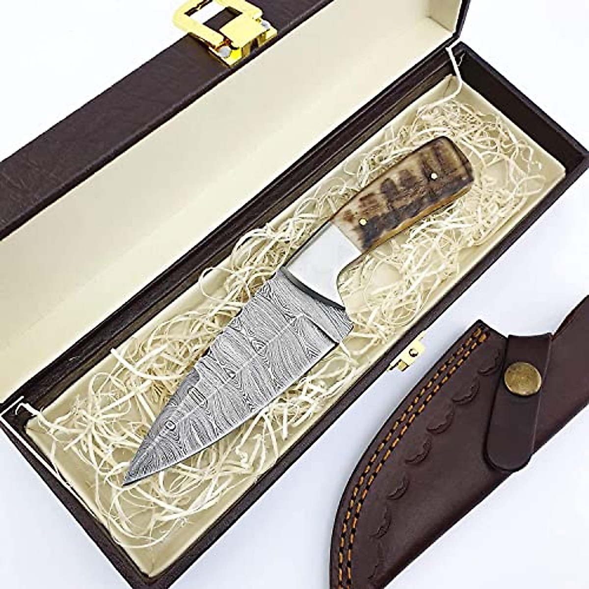 Knife4U Damascus Hunting Knife With Sheath|8"Best Camping,Hiking,Tactical,Survival Knife For Men|EDC Bushcraft Accessories Tool|Sharp Blade With Natural Handle And Knife Display Box (Rams Horn)