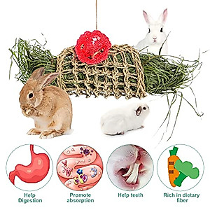 Bunny Chew Toys, Rabbit Toys, Timothy Hay Treats, Natural Sea Grass Mat Hay Feeder Bag, Rabbit Cage Hanging Chew Toys, All Natural Materials for Rabbit, Chinchilla, Guinea Pigs, Hamsters, Gerbils
