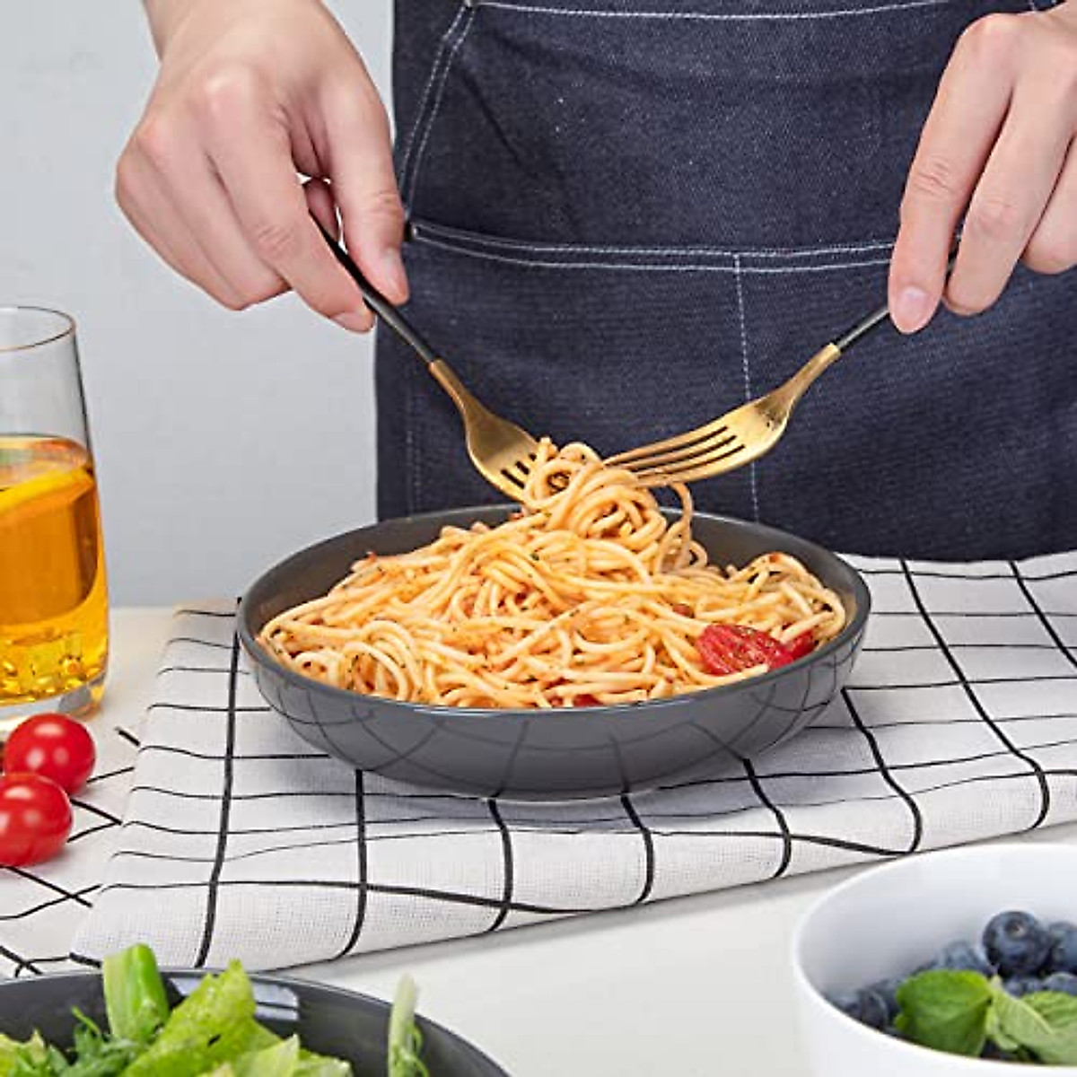 GlowSol Elegant Grey 8" Large Salad Serving Bowls, Ceramic Plates, Soup Bowls, Porcelain Pasta Bowls Set of 6, Microwave Dishwasher Safe, Wide and Flat Bowls