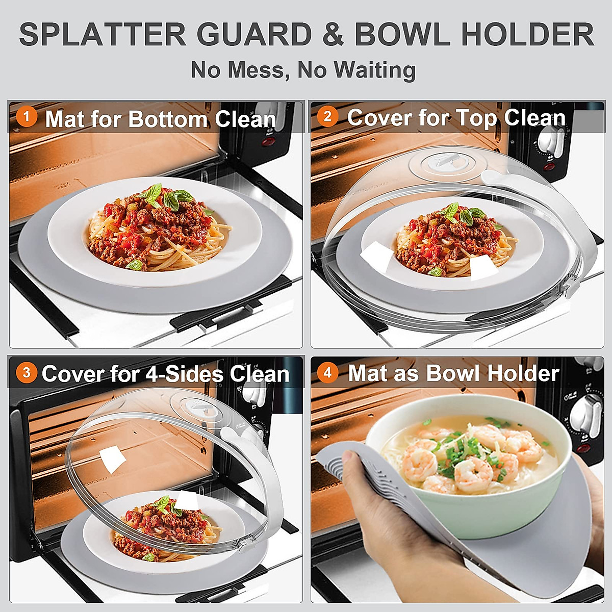 2 in 1, JesDiary Clear Microwave Cover & Multi-Purpose Mat- Mat as Bowl Holders, Cover for Plate Food Splatter Guard, Microwave Cooking Lid & Silicone Versatile Trivet, Dishwasher Safe,10.5inch, Grey