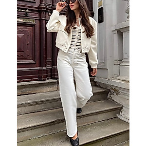 Lumister Women's Fashion Cropped Button Down Lightweight Cropped Bomber Jacket Varsity Shacket with Side Pockets(0605-Beige-M)