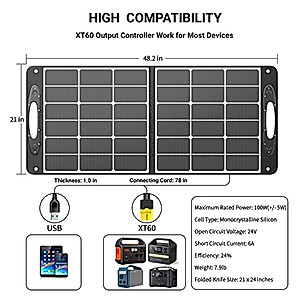 YOLANESS Portable Solar Panel for Power Station, 100W/20V Foldable Solar Panel Charger with Adjustable Kickstand and USB Outputs for Camping