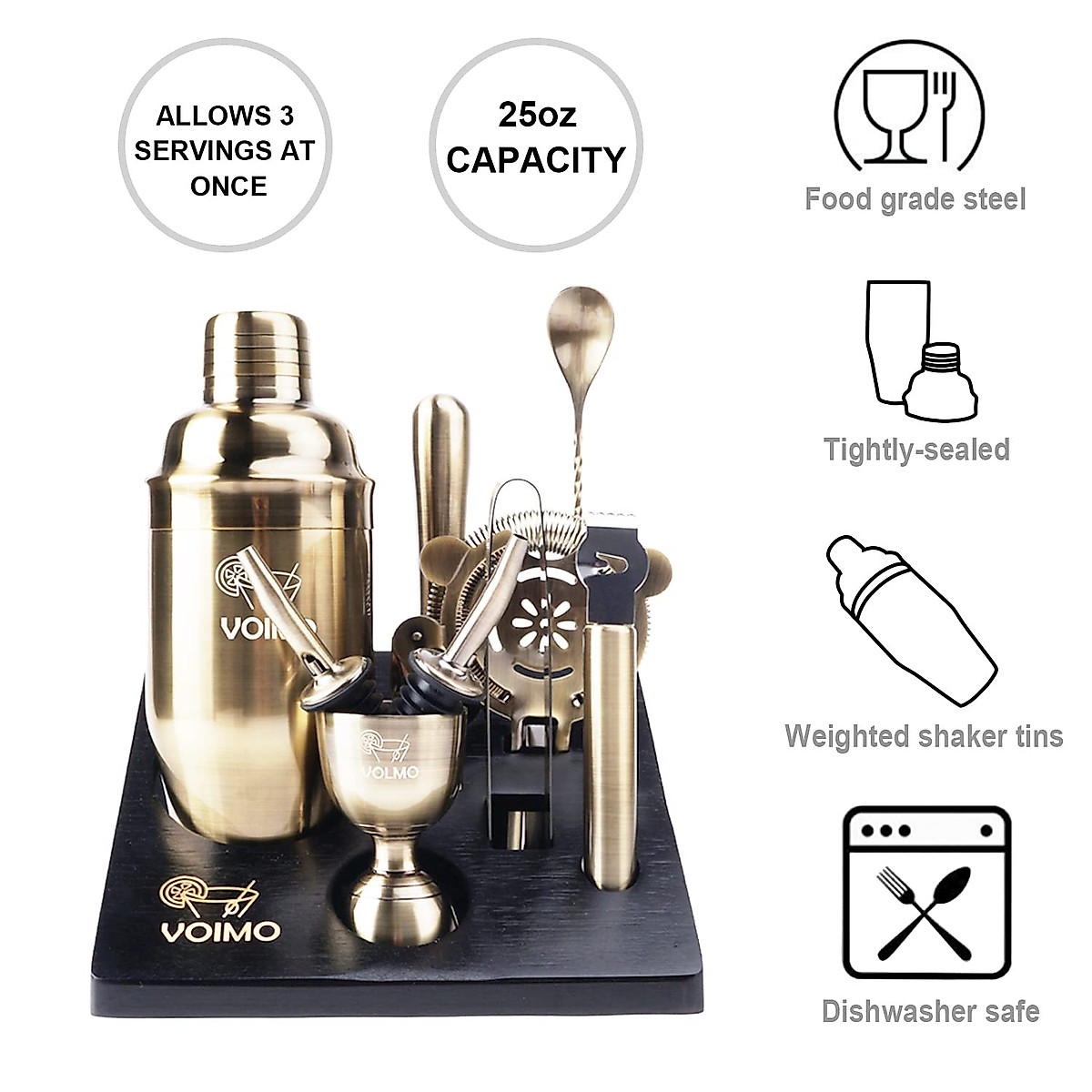 Bartender Kit Cocktail Set, VOIMO Stainless Steel Bronze Wire Drawing Cocktail Shaker Set, 12 Piece Bar Tools Set with Black Bamboo Stand, Cocktail Gift Set for Holiday Day, Home or Bar