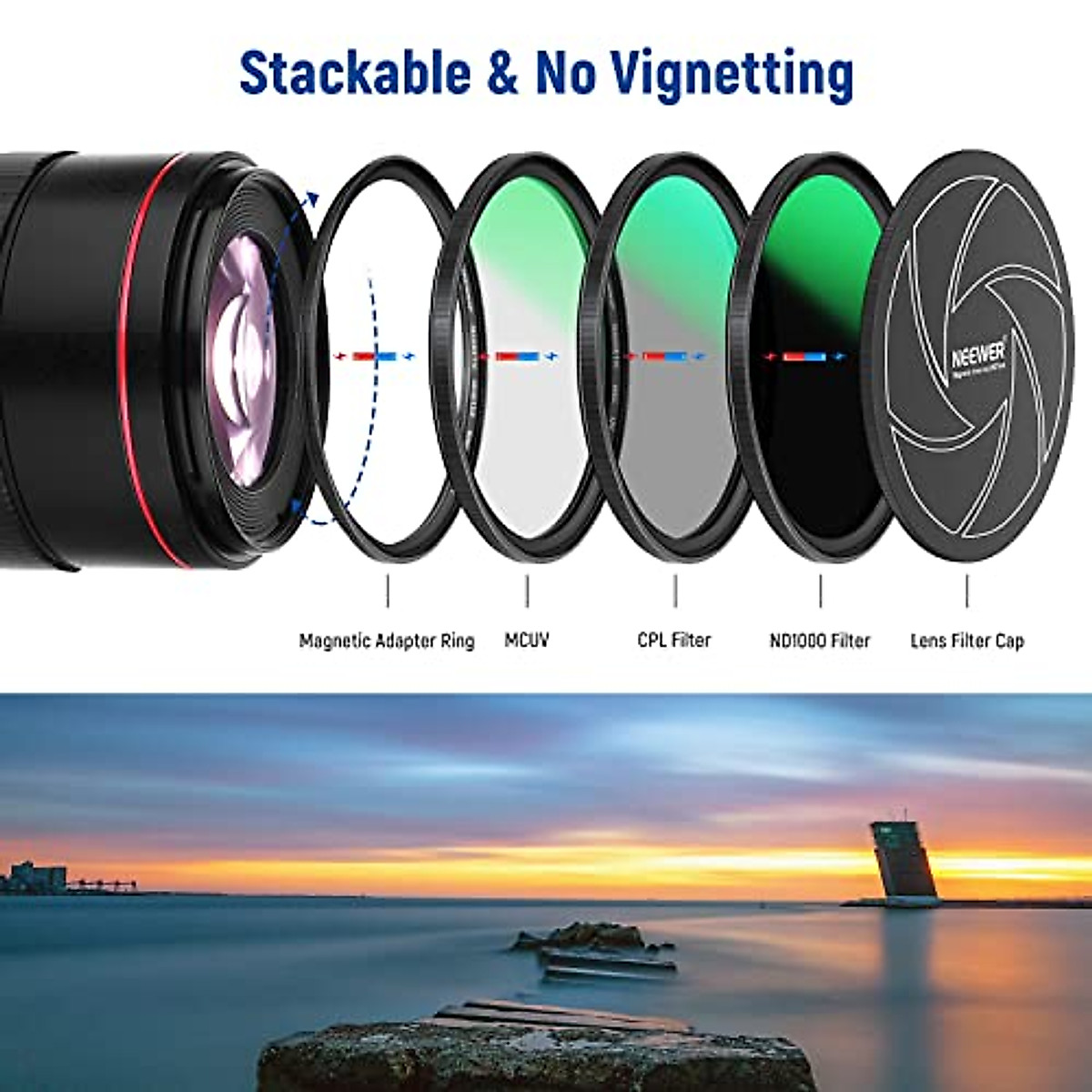 NEEWER 67mm 5-in-1 Magnetic Lens Filter Kit, Includes Neutral Density ND1000+MCUV+CPL+Adapter Ring+Filter Cap with 42-Layer Coating/Ultra Slim/Scratch Resistant HD Optical Glass&Water-Resistant Pouch