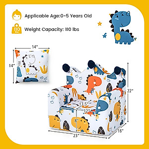 Costzon Kids Couch, Foam Filled Children's Sofa Armchair with Padded Pillow, Washable Velvet Cover & Soft Sponge Filling, Upholstered Sofa Chair Gift for Preschool, Playroom, Toddler Couch (Dinosaur)