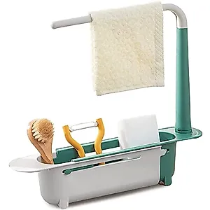 Telescopic Sink Sponges Storage Rack, 11.8 -17.7inch Adjustable Soap Sponge Organizer for Kitchen Sponge and Soap Expandable Storage Drain Basket with Dishcloth Hanger…