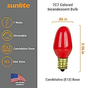 Sunlite 01058 7C7 Incandescent Bulb, 7 Watt, Candelabra E12 Base, C7 Small Night Light, Colored Bulb, Red, 12 Count