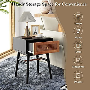 Giantex Rattan Nightstand Set of 2, Boho End Side Table with Rattan Decorated Storage Drawer & Solid Wood Legs, Mid-Century Modern Bedside Table for Bedroom Small Space, Easy Assembly, Black