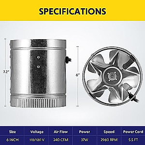 iPower 6 Inch 240 CFM Inline Duct Vent Blower Booster Fan for HVAC Exhaust and Intake 5.5' Grounded Power Cord, Low Noise, Silver
