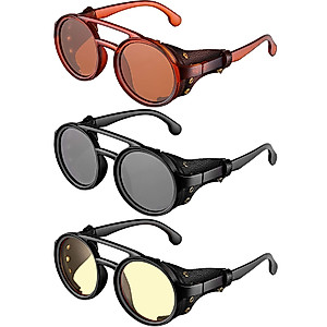 Weewooday 3 Pairs Retro Round Steampunk Sunglasses with Faux Leatherwear for Men Women (Vintage Color)