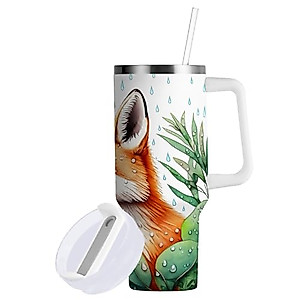 RPLIFE Cute Fox Green Leaves Tumbler, Stainless Water Bottle, Drinking Cups with Lids and Straws