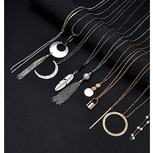 Ofeiyaa 10Pcs Long Pendant Necklace Simple Moon Bar Three Triangle Tassel Lock Sweater Y Shape Punk Chain Choker Necklace for Women Men Gold Silver Tone (E:10Pcs (Lock))