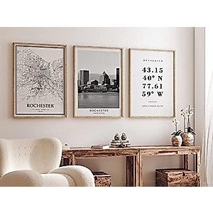 Dear Mapper Rochester United States View Abstract Road Modern Map Art Minimalist Painting Black and White Canvas Line Art Print Poster Art Line Paintings Home Decor (Set of 3 Unframed) (12x16inch)