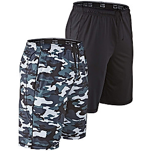 DEVOPS Men's 2-Pack Loose-Fit 10" Workout Gym Shorts with Pockets (Large, Black/Camo Gray)