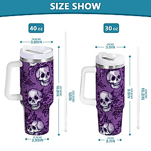 40 oz Car Tumbler Cup with Handle and Straw Lid for Water,Iced Tea or Coffee Purple Rose Skull Travel Mug Home Work Office Stainless Steel Water Bottle