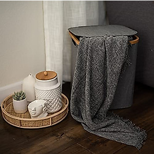 Square Foldable Bamboo Frame Laundry Hamper with Lid, Dirty Clothes Basket, Laundry Room Clothes Organizer 13"x13"x15"
