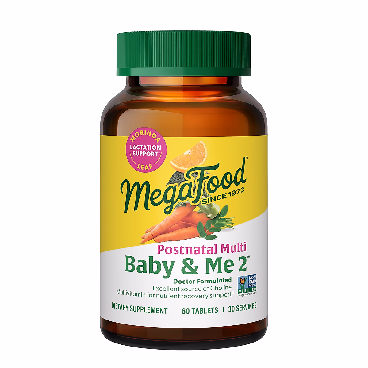 MegaFood Baby & Me 2 Postnatal Vitamins for Breastfeeding Moms with Folate (Folic Acid Natural Form), Choline, Iodine, Vitamin D, Moringa Leaf and More - 60 Tabs (30 Servings)