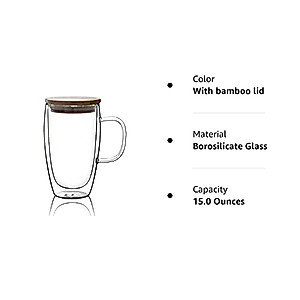 15 Oz Double Walled Coffee Cups Glass Coffee Mugs Clear Coffee Mug with Lid Insulated Coffee Mug Perfect for Cappuccino,Tea,milk ,Espresso,juice, Hot Beverage with Handle (15oz, with bamboo lid)