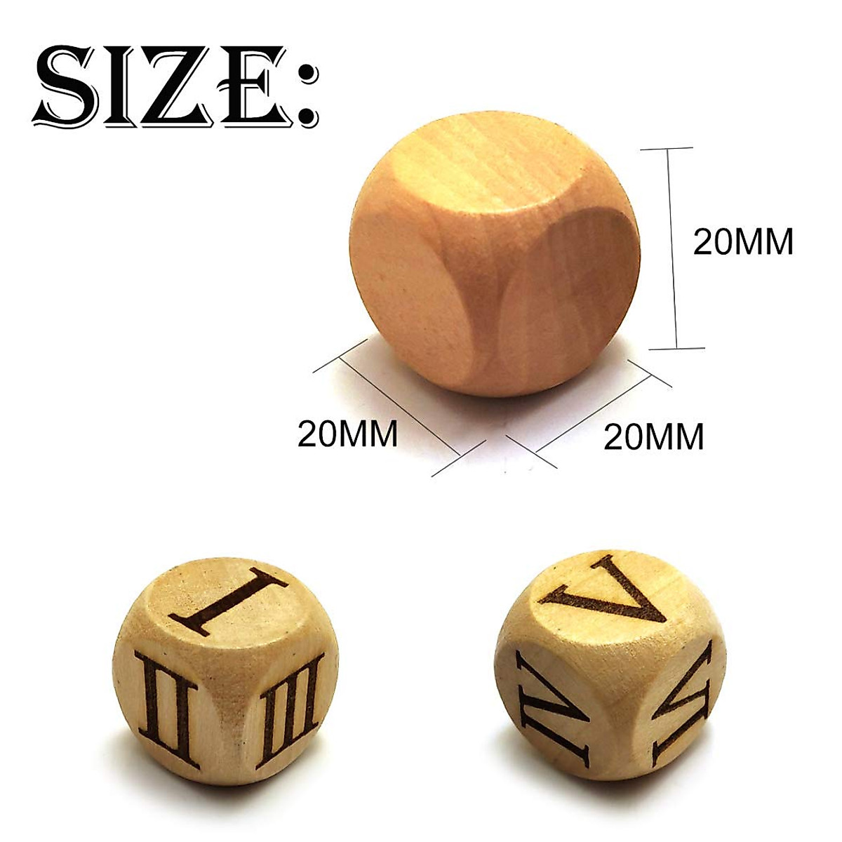 Hometu Set of 6 Pieces 20MM Wood Dice Set Creative Design Roman Number Pattern Wood Rolling Dices Party Game Roll Decider
