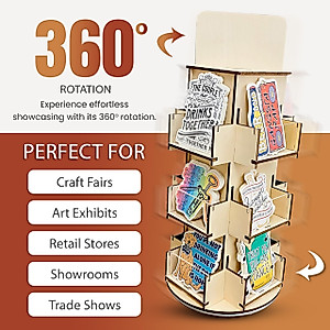 Rotating Display Stand, 3 Tier Wooden Organizer, 4-Sided Display Rack, 360 degree Spinning Multi-Pocket Tabletop Display Stand for Coasters, Stickers, Retail, Showcase, Tradeshow, 17”H, Natural