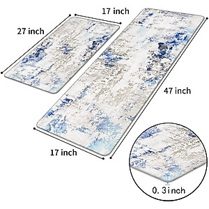 AQQA Rugs for Kitchen Floor, Area Rug Blue and Grey Abstract Art Painting Kitchen Rug Sets,Non Slip Rugs and Mats Anti Fatigue Comfort Standing Rug for Bathroom, Laundry, Bedroom,17"x 27"+17"x 47"