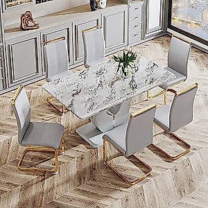 JUFU Modern Dining Table Set for 6,Rectangula Kitchen Table Set with Faux Marble Tabletop＆6 Pu Leather Upholstered Chairs Ideal for Dining Room, Kitchen