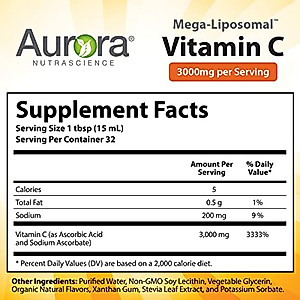 Aurora Nutrascience, Mega- Liposomal Vitamin C, 3,000 mg per Serving, Gluten Free, Non-GMO, Sugar Free, High Absorption, Fat Soluble Vitamin C, Immune System Support, 16 oz (480 mL)