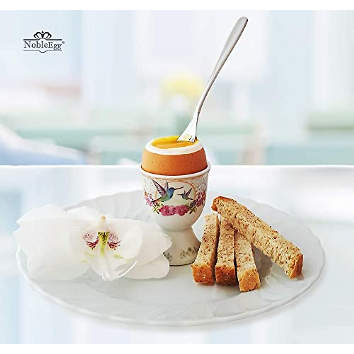 NobleEgg Premium Egg Cups for Soft Boiled Eggs | Set of 4 | Egg Timer Pro | 18/10 Egg Spoons | Egg Topper | Gift/Storage Box