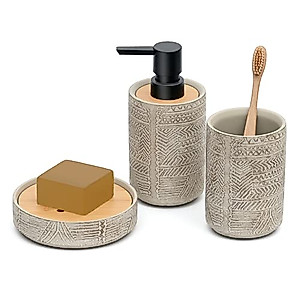 Bathroom Accessory Set, Grey Soap Dispenser Toothbrush Holder Set, Concrete Bathroom Accessories Set - Includes Soap Dispenser, Tumbler, Soap Dish (Vintage Engraving - Concrete)