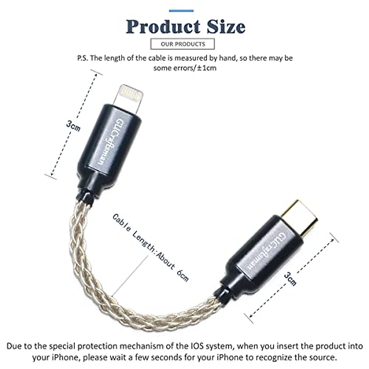 GUCraftsman OTG Cable iOS to Type C/USB C Headphone Amplifier Cable 6N Single Crystal Silver for FiiO BTR5 Q1 Q3 Q3s Qudelix 5K xDuoo Link2 XD-05PLUS E1DA 9038G3 9038S 9038D for iPhone iPad iPod Touch