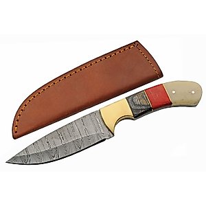SZCO Supplies 9" Wood/Bone Handle Damascus Steel Drop Point Outdoor Hunting Knife