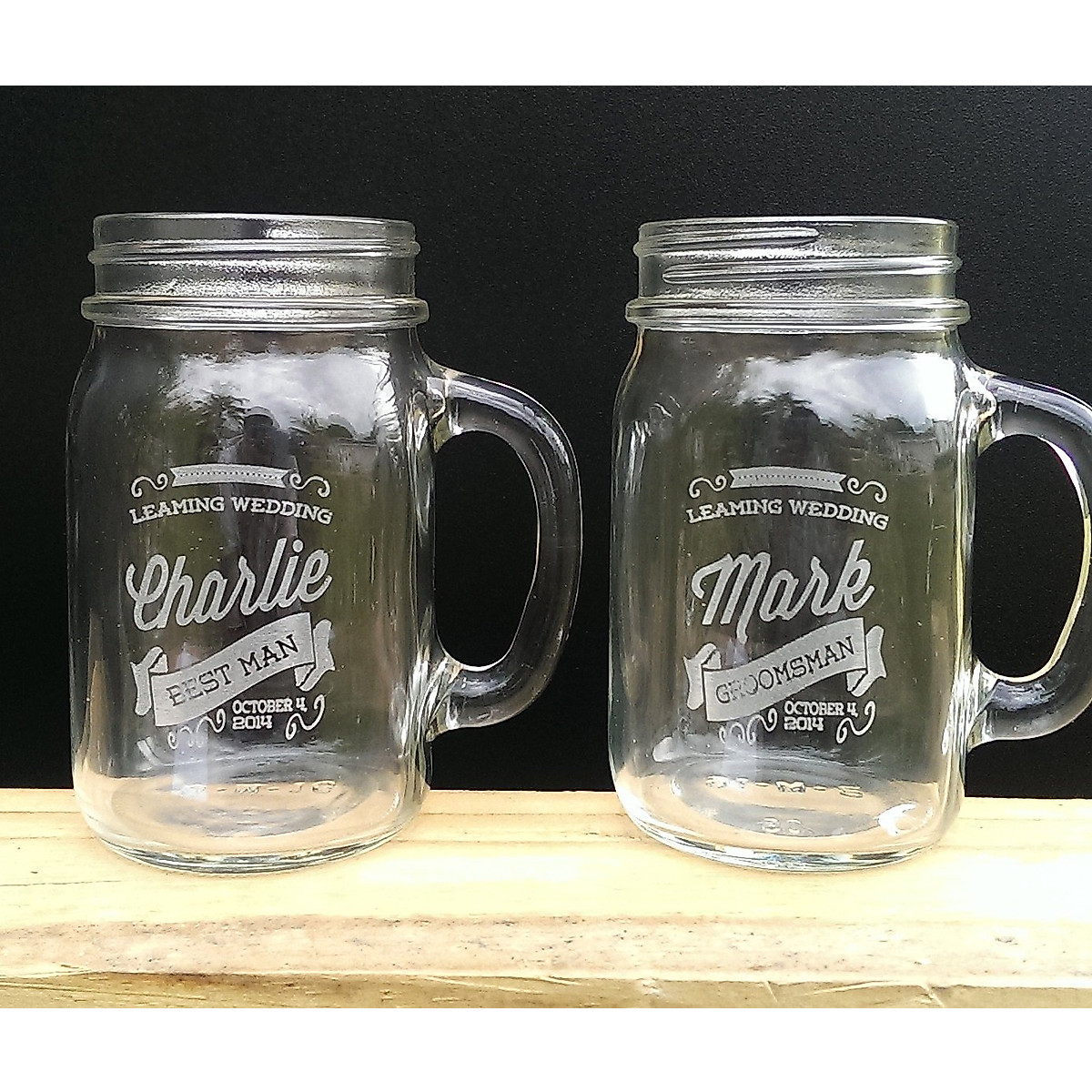 ONE Retro Personalized Mason Jars Drinking Mugs with Handle Engraved Custom Etched with Name and Date for Wedding, Engagement Anniversary Bridal Party Gift Favor Groomsmen Bridesmaids Gifts Gift Idea