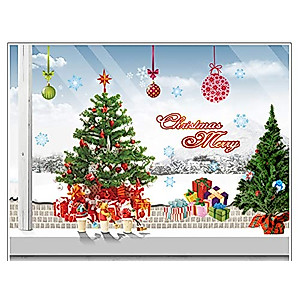 LONGTEN Christmas Windows Static Stickers Clings Santa Claus Snowman Deer Snowflake Removable Vinyl Christmas Tree DIY Wall Window Door Mural Decal Sticker for Showcase