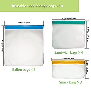 10 Pack Reusable Food Storage Bags, BPA Free Food Freezer Sealed Leak-Proof Bags for Family Activities, Travel Storage Food (3 Snack Bags + 4 Vegetable & Fruit Bags + 3 Gallon Bags