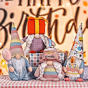Birthday Gnomes Plush Elf Decoration, 4PCS Handmade Birthday Cake Gift-Box Candle Balloon Gnomes for Presents, Home Farmhouse Table Ornament Tiered Tray Party Decor