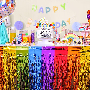 LOLStar Rainbow Party Decorations, 2 Pack Wavy Metallic Tinsel Foil Fringe Table Skirts, Perfect Table Decors for Birthday Holiday Wedding Engagement Bridal Shower Unicorn Pride Party Cartoon Party