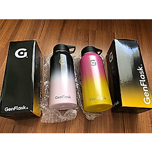 GenFlask 32oz insulated vacuum Stainless Steel ombre water bottle - Wide mouth straw lid leakproof tumbler (Black-Baby-Pink)
