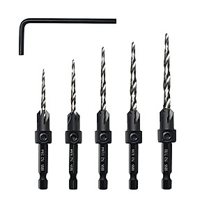 AIMLENTOOL Countersink Drill Bit Set, 5PCS Tapered Drill Bits, M2 Countersink Set with 1/4" Hex Shank Quick Change and 1 Allen Wrench for Woodworking, Pilot Screw Hole Set for Soft & Hard Wood