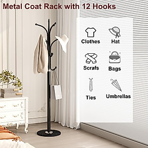HOMEFORT Metal Coat Rack Stand,Free Standing Hat Hanger with Marble Base,Hall Tree with 12 Hooks for Hanging Hat,Clothes,Bag,Entryway Storage Organizer,Black
