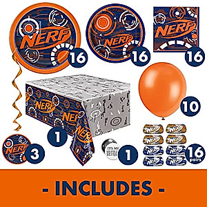 Mega Nerf Party Supplies for Birthday, Decorations, and Favors, Serves 16 Guests, Easy Setup and Takedown with Plates, Napkins, and More