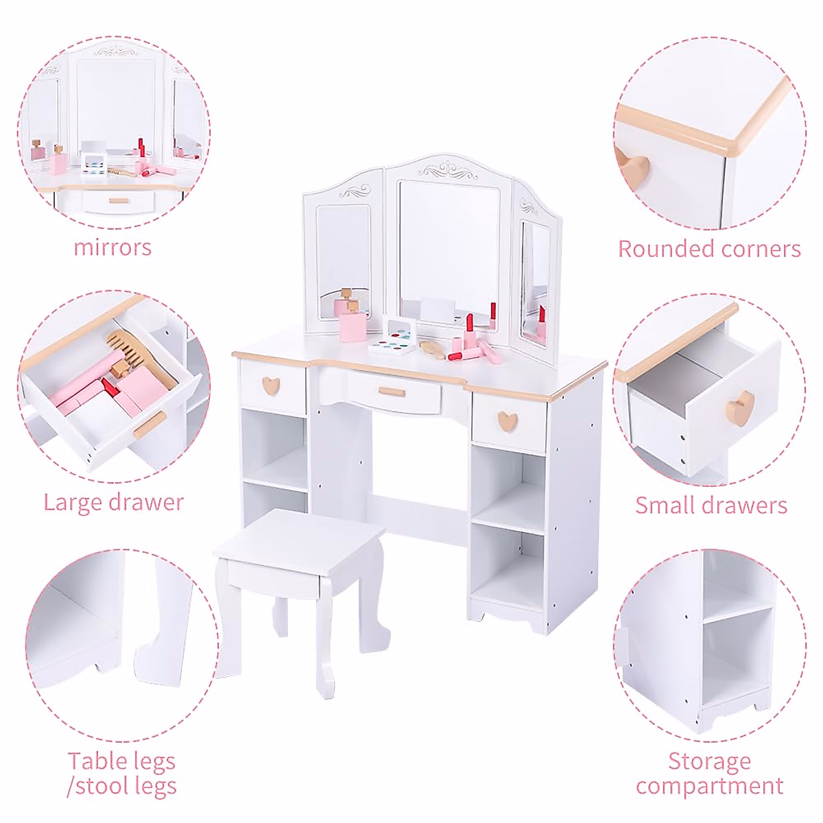 EGFheal Kids Vanity Set with Mirror and Drawer - Girls' Vanity Table and Chair Set with Wood Makeup Playset, Perfect for 3-9 Yr, White