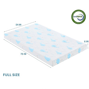 OUUI 6 Inch Full Mattress, Removable Washable Cover with Whales Pattern Cooling Memory Foam Medium Feel, Bed-in-a-Box, CertiPUR-US Certified, White/Blue