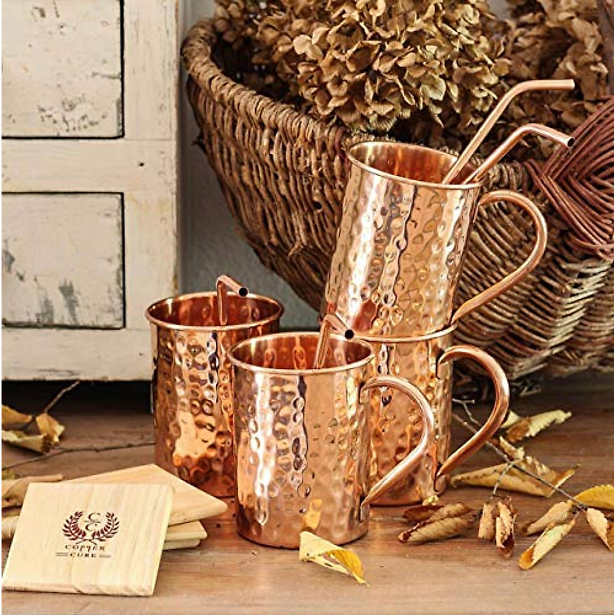 Gift Set Pure Copper Hammered Mugs with Copper Straws & Wooden Coasters Set of 4 - PREMIUM QUALITY -16 Oz Copper Mug - 100% Handcrafted - A Gift Pack for your loved Ones.