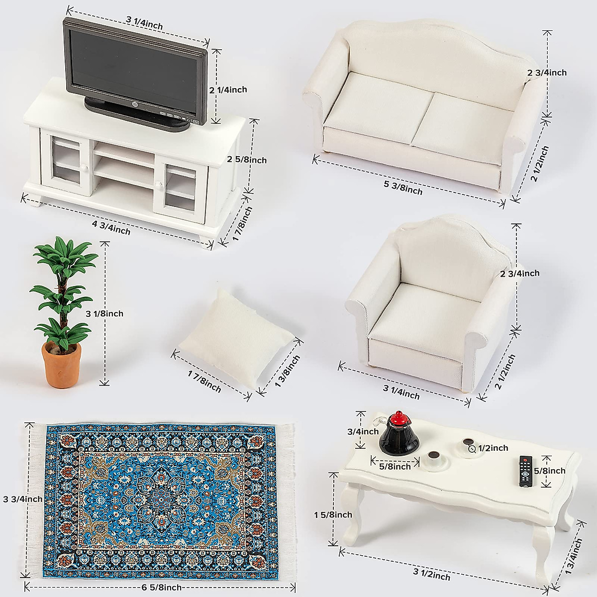 SAMCAMI Miniature Dollhouse Furniture 1 12 Scale - Wooden Dollhouse Furniture Set for Dollhouse Living Room - Doll House Furniture Incl Sofa, TV Cabinet, Coffee Table and Other Accessories (White)