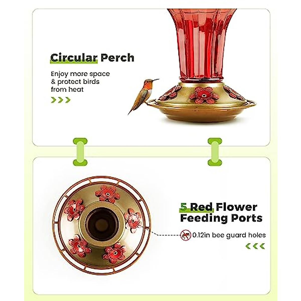 BOLITE 18018-R Hummingbird Feeder, Glass Hummingbird Feeder for Outdoors, Tower Shape Bottle, 20 Ounces, Red