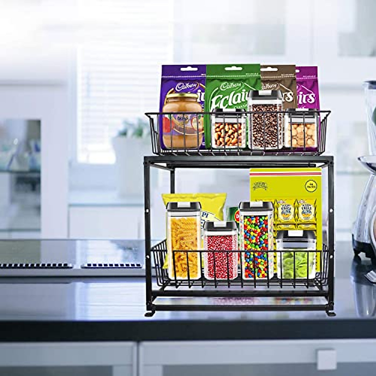 FERLAN Under Sink Organizer, 2-Tier Stackable Kitchen Cabinet Organizer and Storage With Sliding Storage Drawer, for Kitchen, Bathroom, Office, Pantry, Cabinet, Black