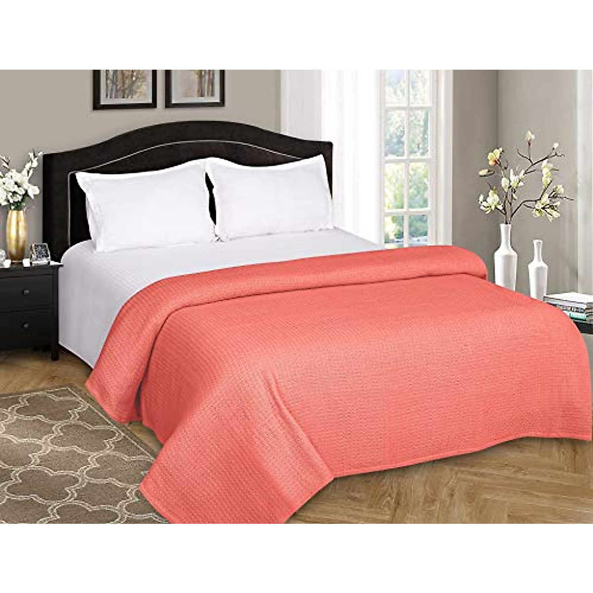 BELIZZI HOME 100% Cotton Bed Blanket, Breathable Bed Blanket Twin Size, Cotton Thermal Blankets Twin, Perfect for Layering Any Bed for All Season, Coral