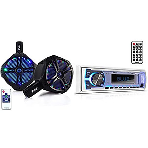 Pyle Waterproof Marine Wakeboard Tower Speakers - 6.5” Dual Subwoofer Speaker Set and 1.0” Tweeters & Marine Bluetooth Stereo Radio - 12v Single DIN Style Boat in Dash Radio Receiver System