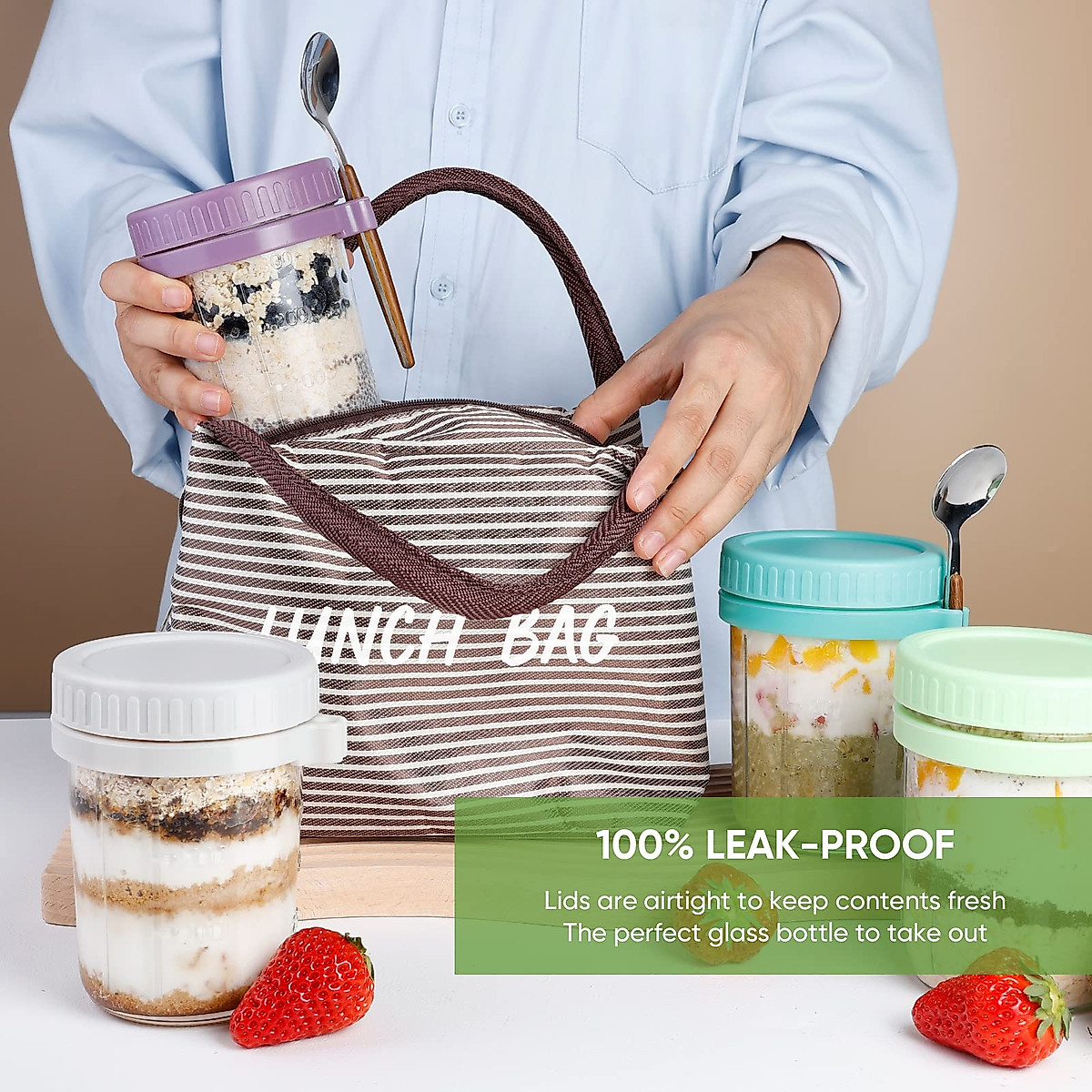 KITCHOP Overnight Oats Containers with Lids and Spoon,Mason Jars,16 Oz Glass Oatmeal Container to Go for Chia Pudding Yogurt Salad Cereal Meal Prep Jars,Pink(Pack of 2)